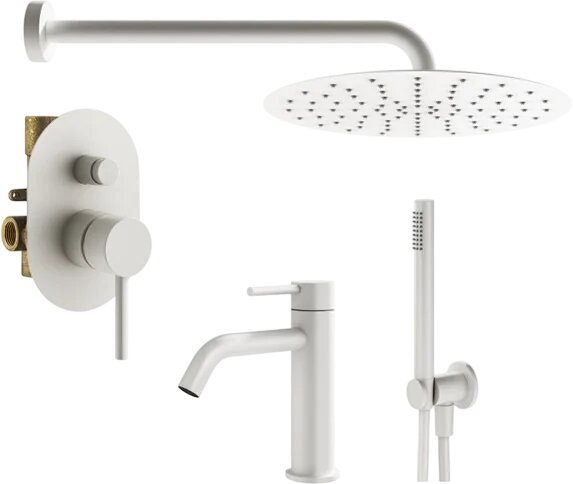 Комплект для ванной Plumberia Selection Ixo KITXO15BO53 4 в 1, встраиваемый, с внутренней частью в комплекте, со смесителем, с тропическим душем, латунный, белый, матовый, душевая система