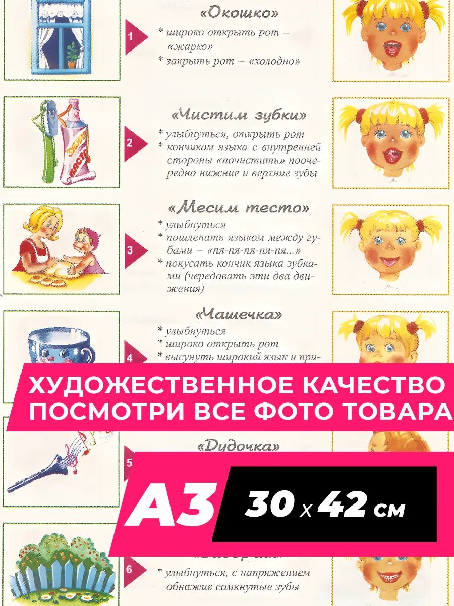 Плакат артикуляционная гимнастика на стену 4 A3