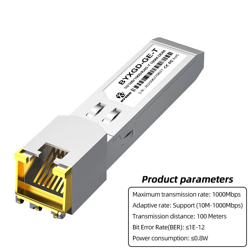 BYXGD Адаптивный модуль RJ45 SFP+ 1G/10GBASE-T 1G - 100 Meter