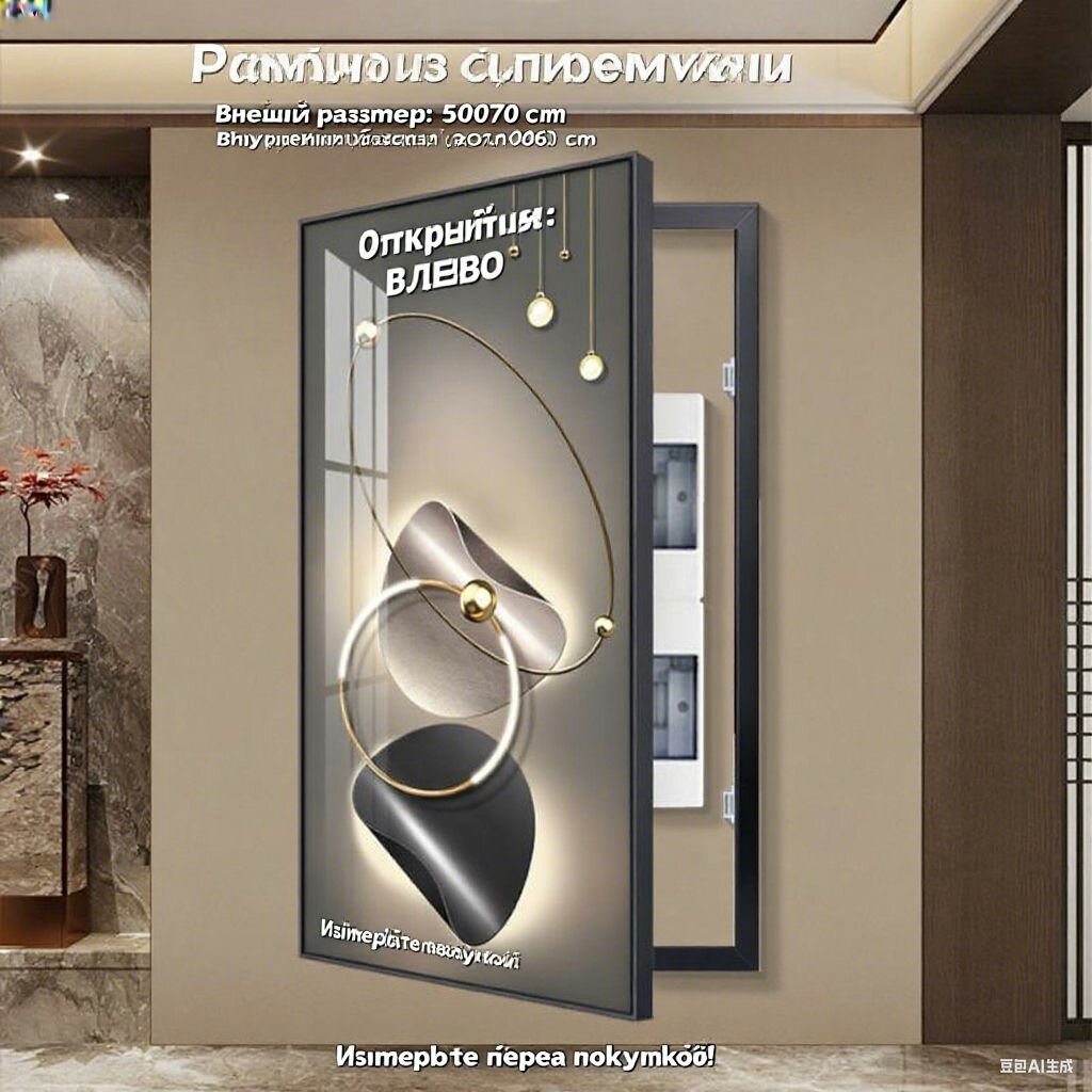 Картина-щиток для электросчётчика 50x70см: маскировка, алюминиевая рама, левое открывание, бессверльный монтаж, гидроопора