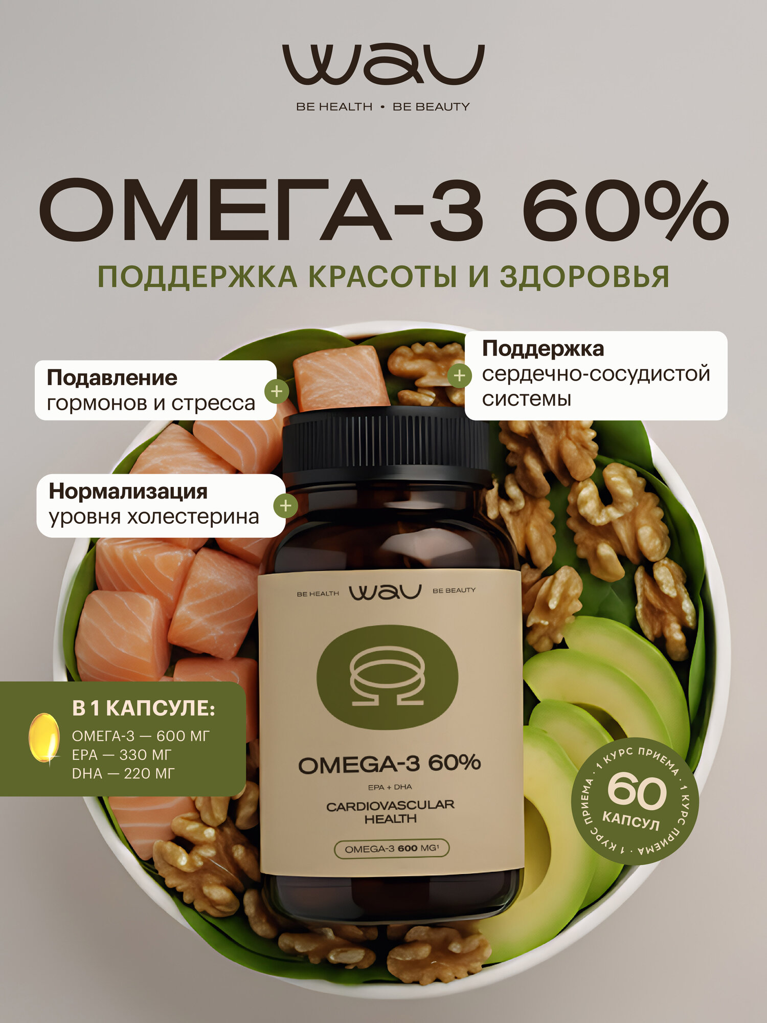 WAU Омега 3 60%, Omega 3, капсулы, БАД сердечно-сосудистый, 60 капсул