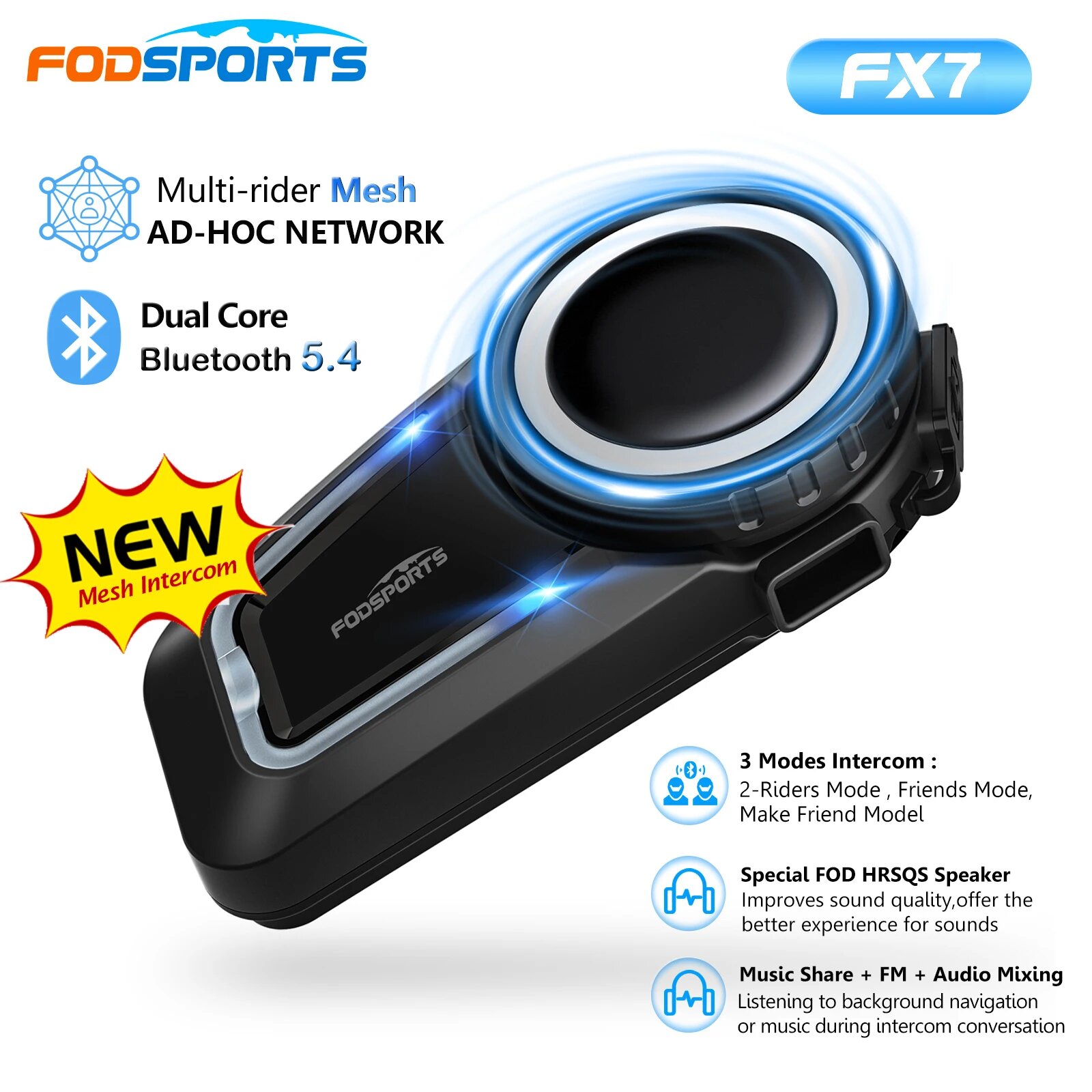 Fodsports FX7 Mesh Intercom Bluetooth-гарнитура для мотоциклетного шлема, двухъядерный BT5.4, макс. 10 гонщиков 2000 м, аудиомикшер + FM + музыкальное разрешение
