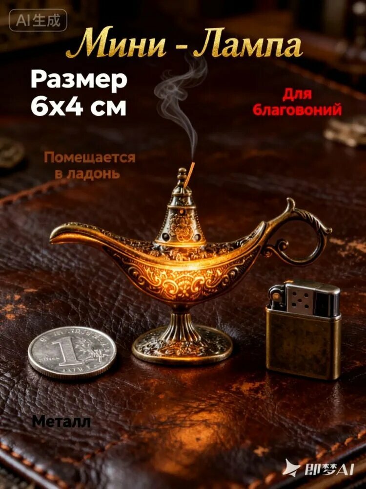 Мини лампа Аладдина 6 см, курильница для благовоний маленькая, металлическая статуэтка на стол, сувенир в восточном стиле, декор, бронза