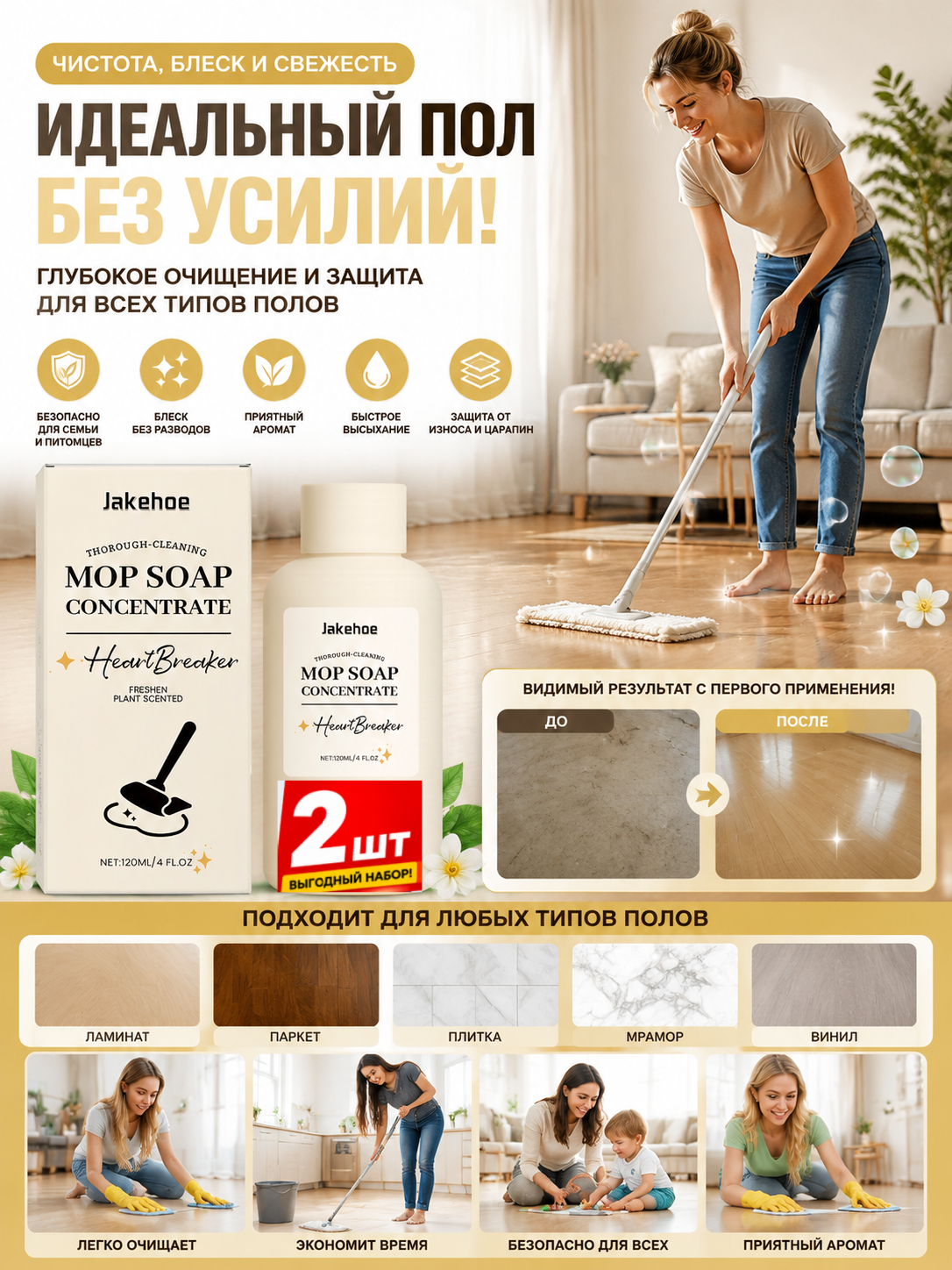 Средство для мытья пола 120 мл (2 шт), бережная очистка и защита дерева и плитки