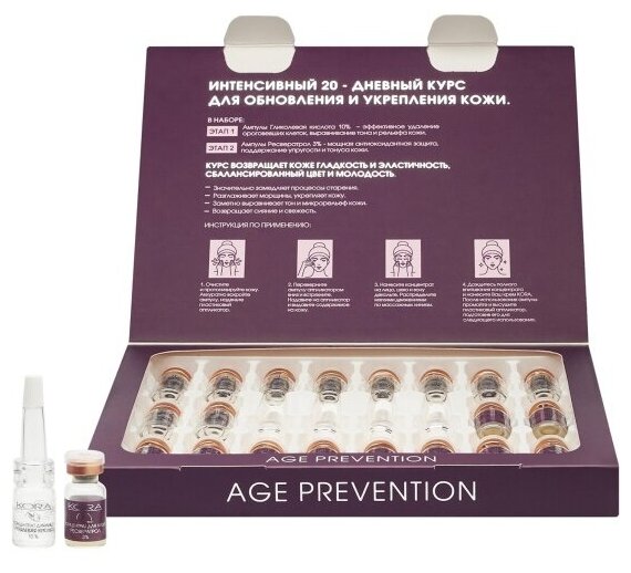 Ампульный обновляющий концентрат для лица Kora , гликолевая кислота 10% 10 ампул по 2 мл, ресвератрол 3%, 10 ампул по 2 мл