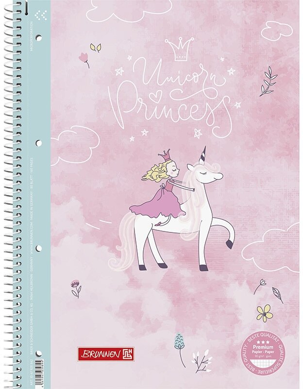 Тетрадь в клетку на пружине А4, " Принцесса и единорог", микроперфорация, 90 гр/м2, 80 листов, Brunnen (пр-во Германия)