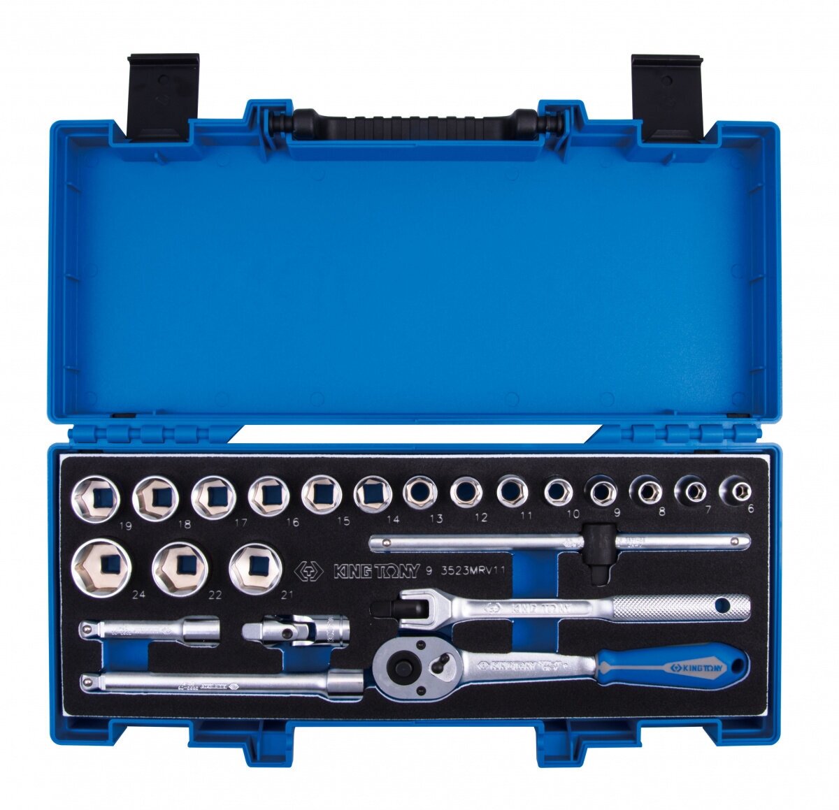 Набор торцевых головок с принадлежностями 3/8", шестигранные, 6-24 мм, 23 предмета KING TONY 3523MRV11