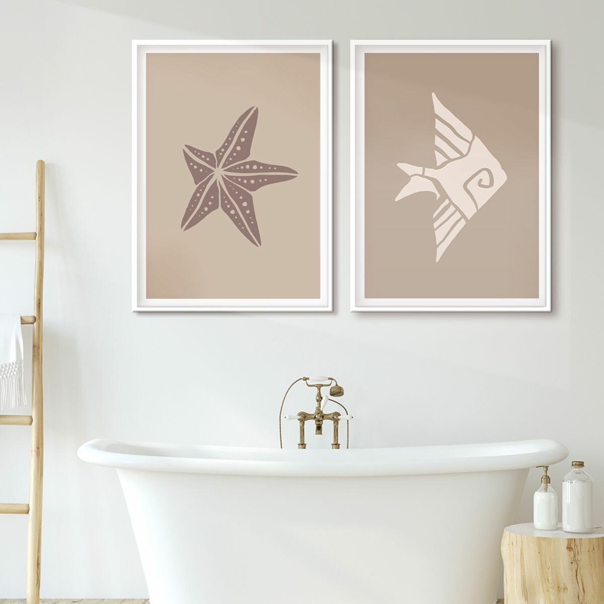 Постер 2 шт 50х70 без рамки "Морская звезда и рыбка" набор картин для интерьера