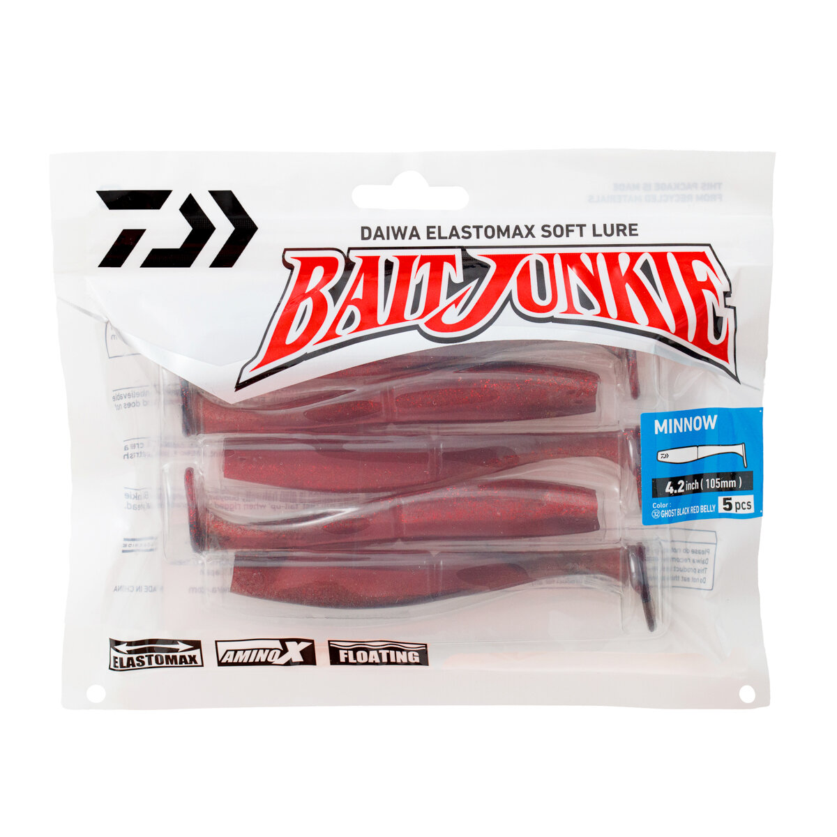 Силиконовая приманка Daiwa Bait Junkie 4.2 Minnow GHOST BLACK RED BELLY (уп. 5 шт)