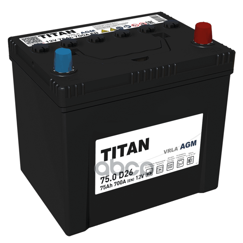 75 А. ч. Titan AGM (85D26L) азия, обр. п, 700 A/EN (260x173x225) глуб. разряд TITAN арт. 4610082702127