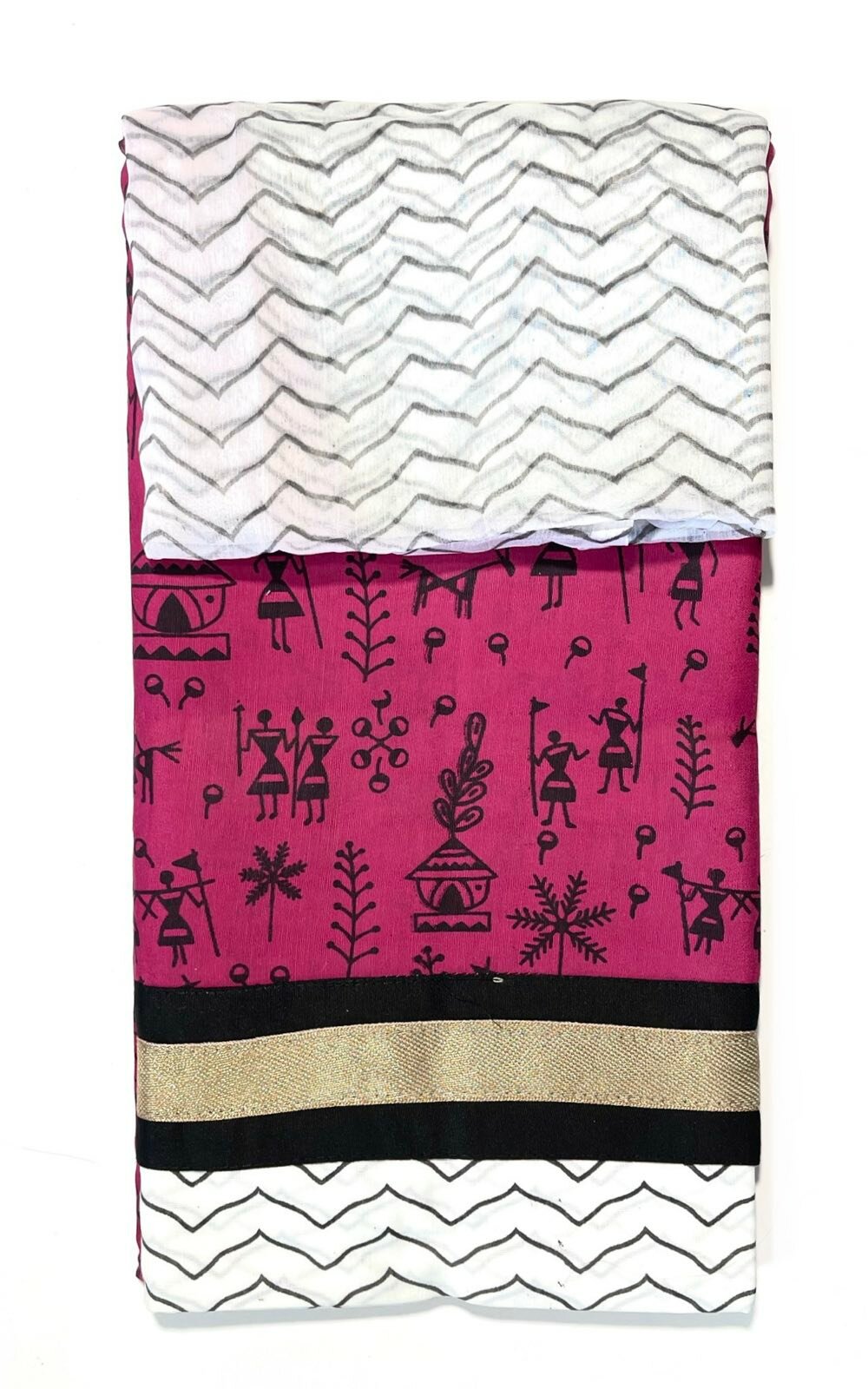 Купон сальвар-камиз + дупаtта С этническими рисунками варли, цвет малиновый С белым (отрез ткани для пошива туники (пенджаби), штанов и накидки), Cotton Warli Wit, 1 шт.