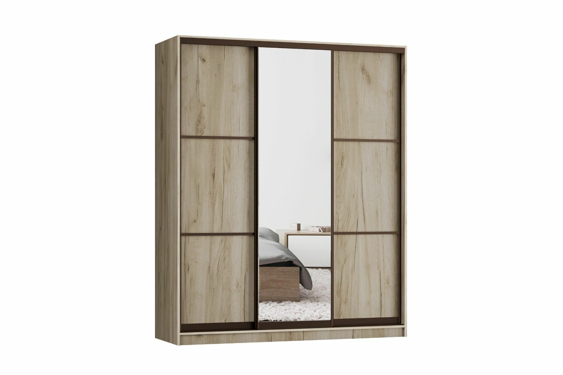 Шкаф купе для одежды Ронни 3, МФ-Купе, с зеркалом, 180х45х220, белье/платье/белье, дуб крафт серый, профиль коньяк