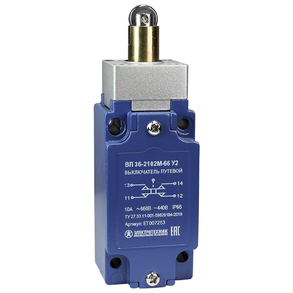 Путевой выключатель Электротехник ВП 36-2102М-66 У2, толкатель с роликом, 1з+1р, безинерционный, 30х60 мм, без сальника, 3А, IP66, ET007253