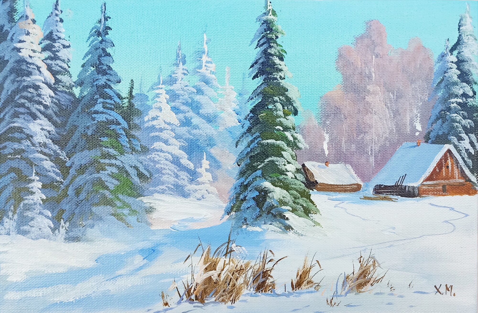 Картина масло/холст. 100% ручная работа, 100% живопись от Художественной мастерской Грëзы. Картина из серии "Деревенские пейзажи". Зима. Домики. Сугробы. Размер картины 20х30 см.