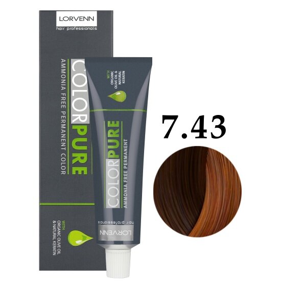 Краска для волос безаммиачная Lorvenn Color Pure, тон 7.43