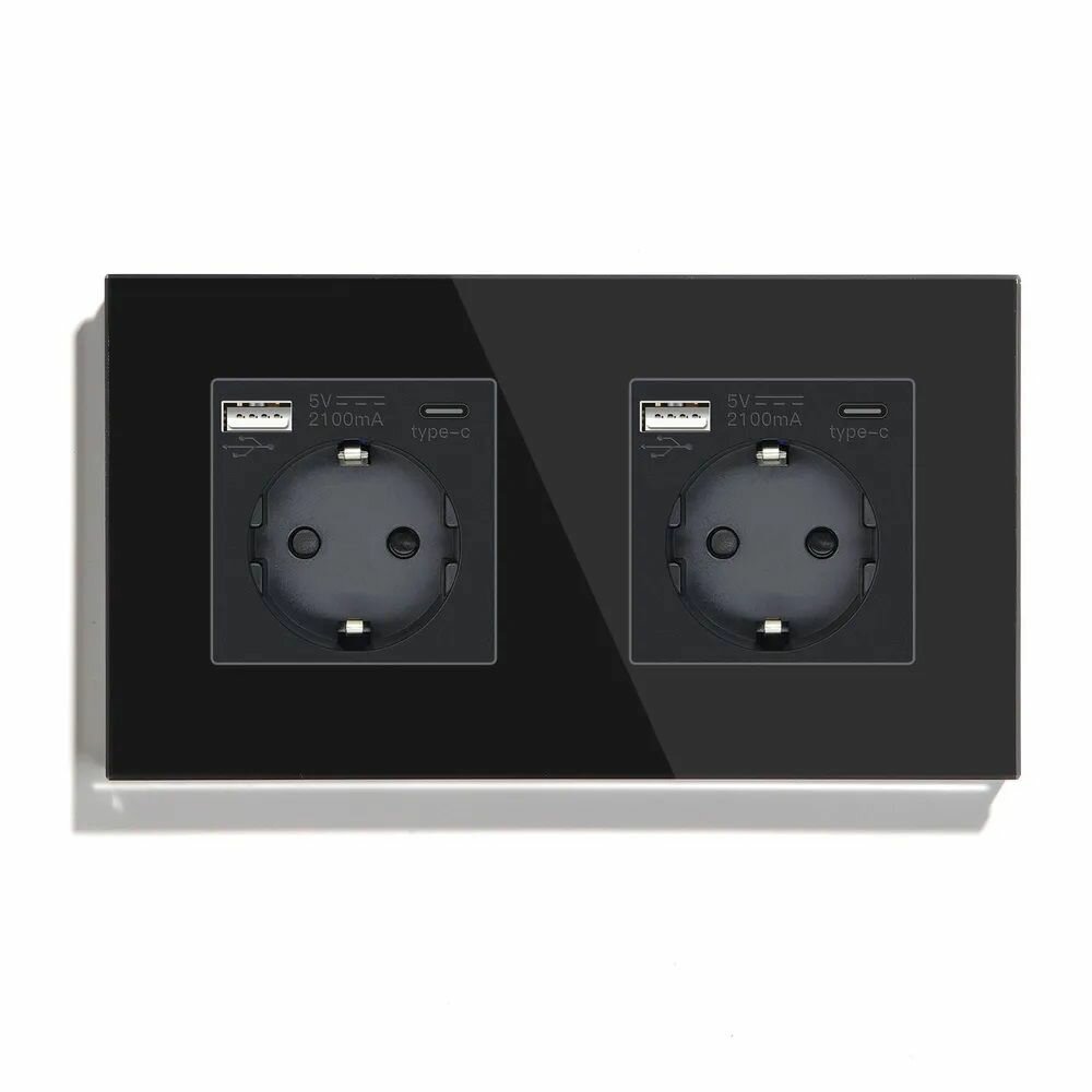 Розетка электрическая 2 поста, с Usb/Type-C АC, рамка 157х86мм стекло, цвет черный