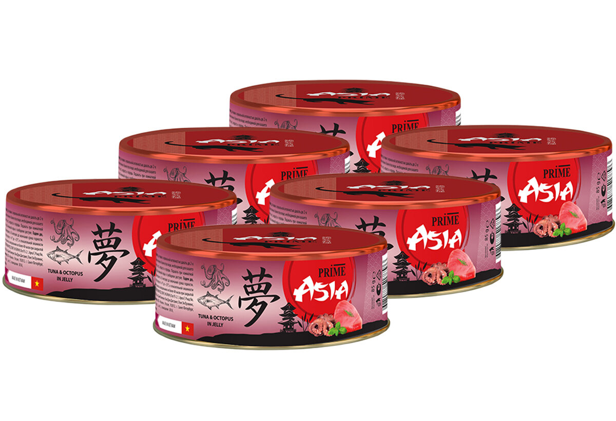 PRIME ASIA TUNA & OCTOPUS для взрослых кошек с тунцом и осьминогом в желе банка 85 гр NEW 85 гр х 6 шт