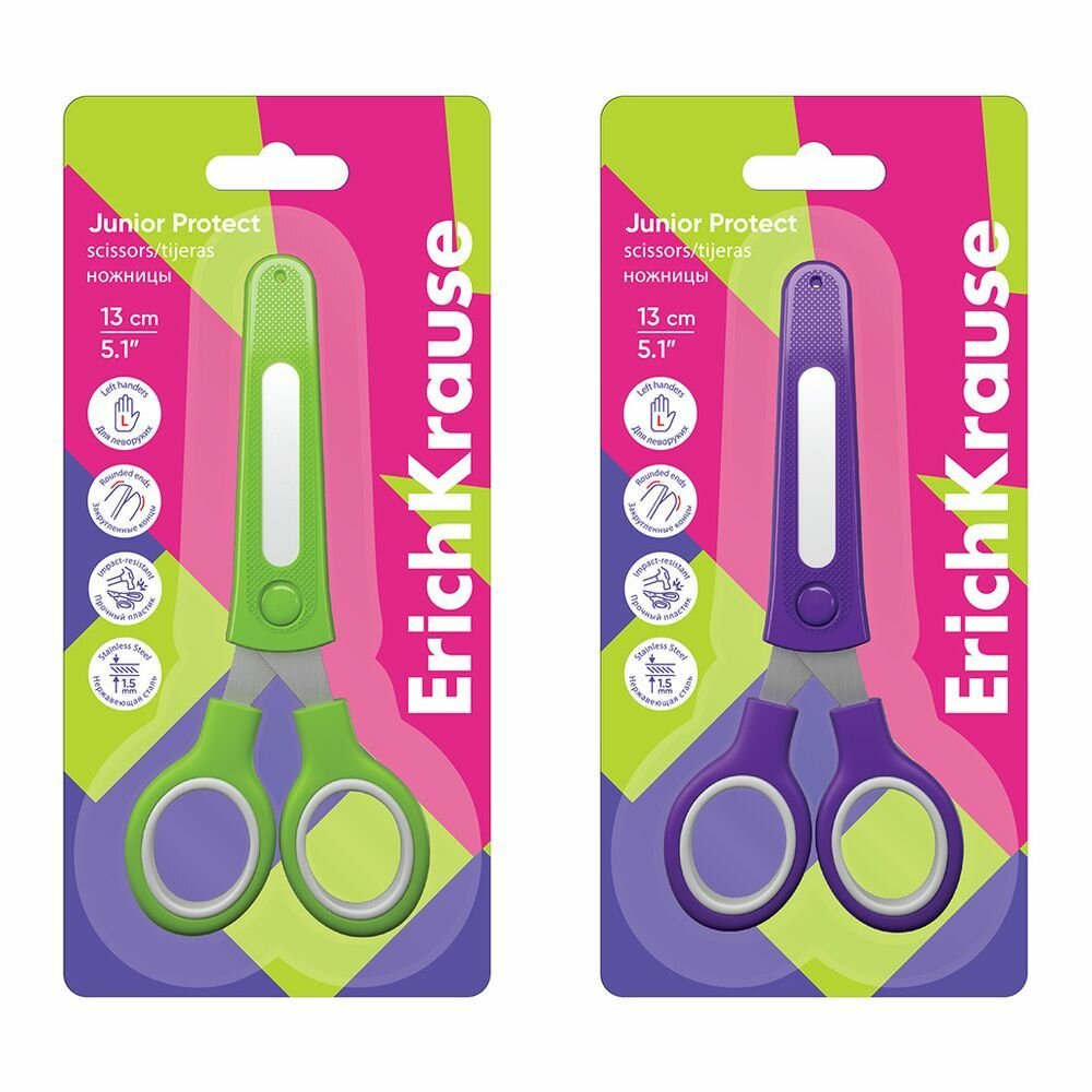 Ножницы для левшей ErichKrause Junior Protect с пластиковым чехлом и именным стикером, 13см, ассорти