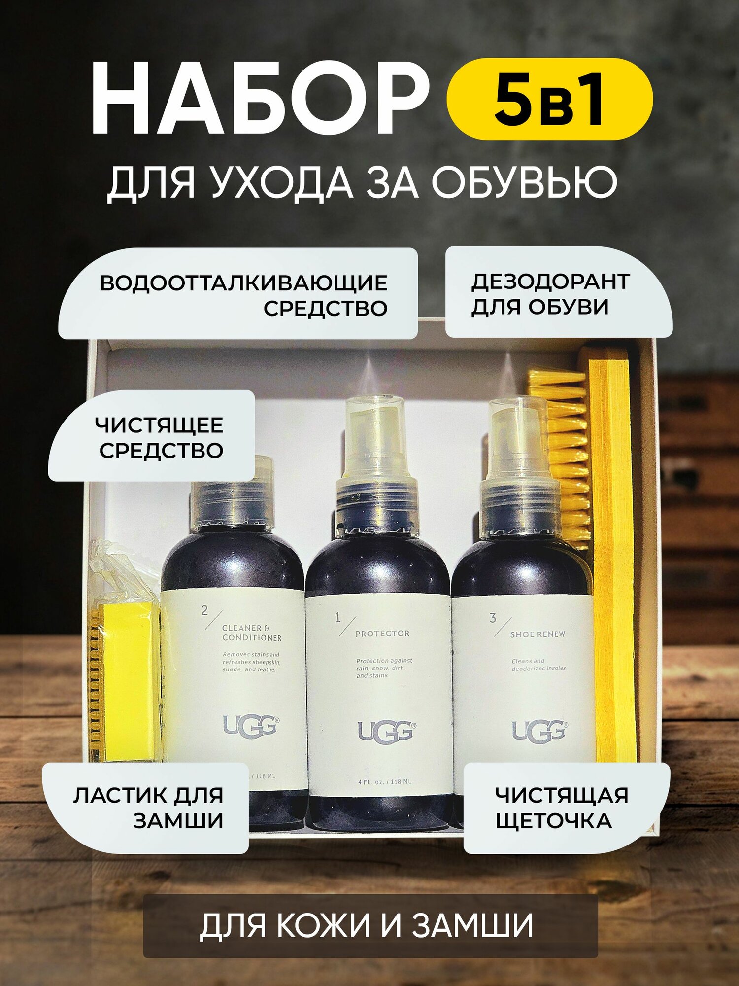 Набор по уходу за замшей и кожей обуви.