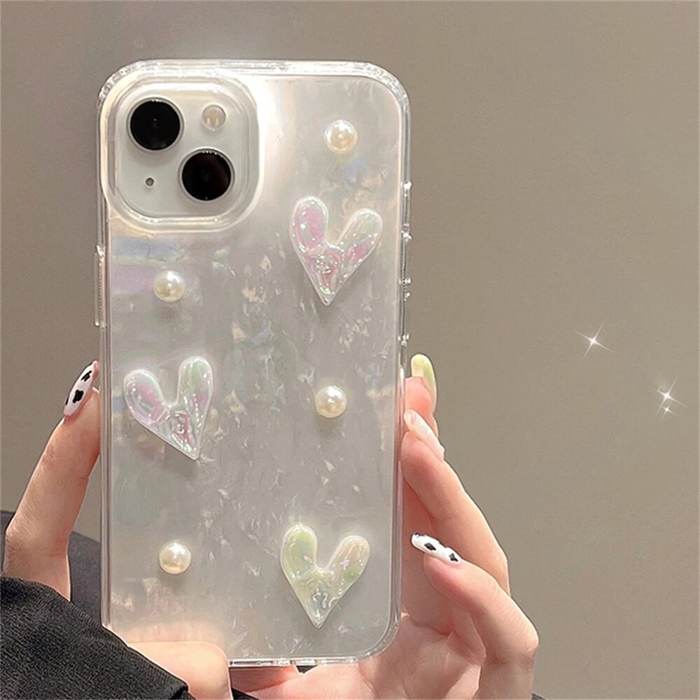 Корейский милый 3D Laser Love Heart Shell Прозрачный чехол для телефона для iPhone 14 13 12 11 Pro Max X XR 7 8 Plus SE 3, противоударный мягкий чехол A, For iphone 14Plus