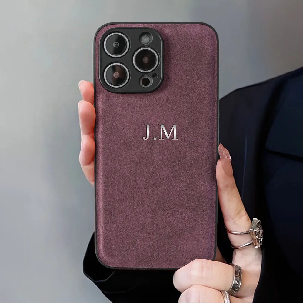 Персонализированный индивидуальный чехол с инициалами для iPhone 16, 15, 14, 13, 12, 11 Pro Max, сделай сам, роскошный подарок из кожи ягненка с гравировкой, чехол для iPhone 15 Pro Max, Plum-Silver
