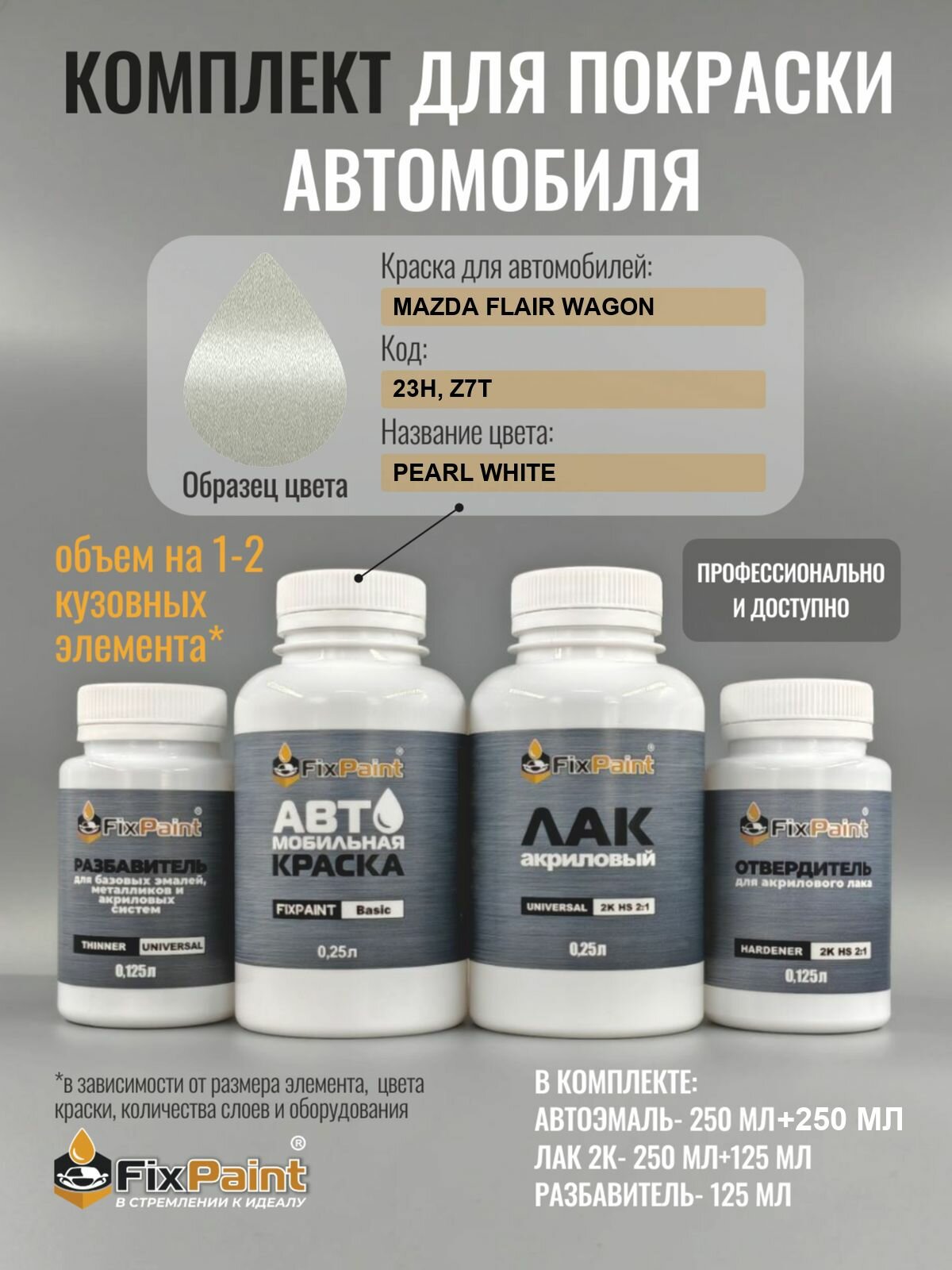 Комплект для покраски MAZDA FLAIR WAGON, код 23H, Z7T, Трехслойная PEARL WHITE, базовая автомобильная краска 500 мл, лак 2K 250 мл с отвердителем, разбавитель 125 мл, FixPaint Pro