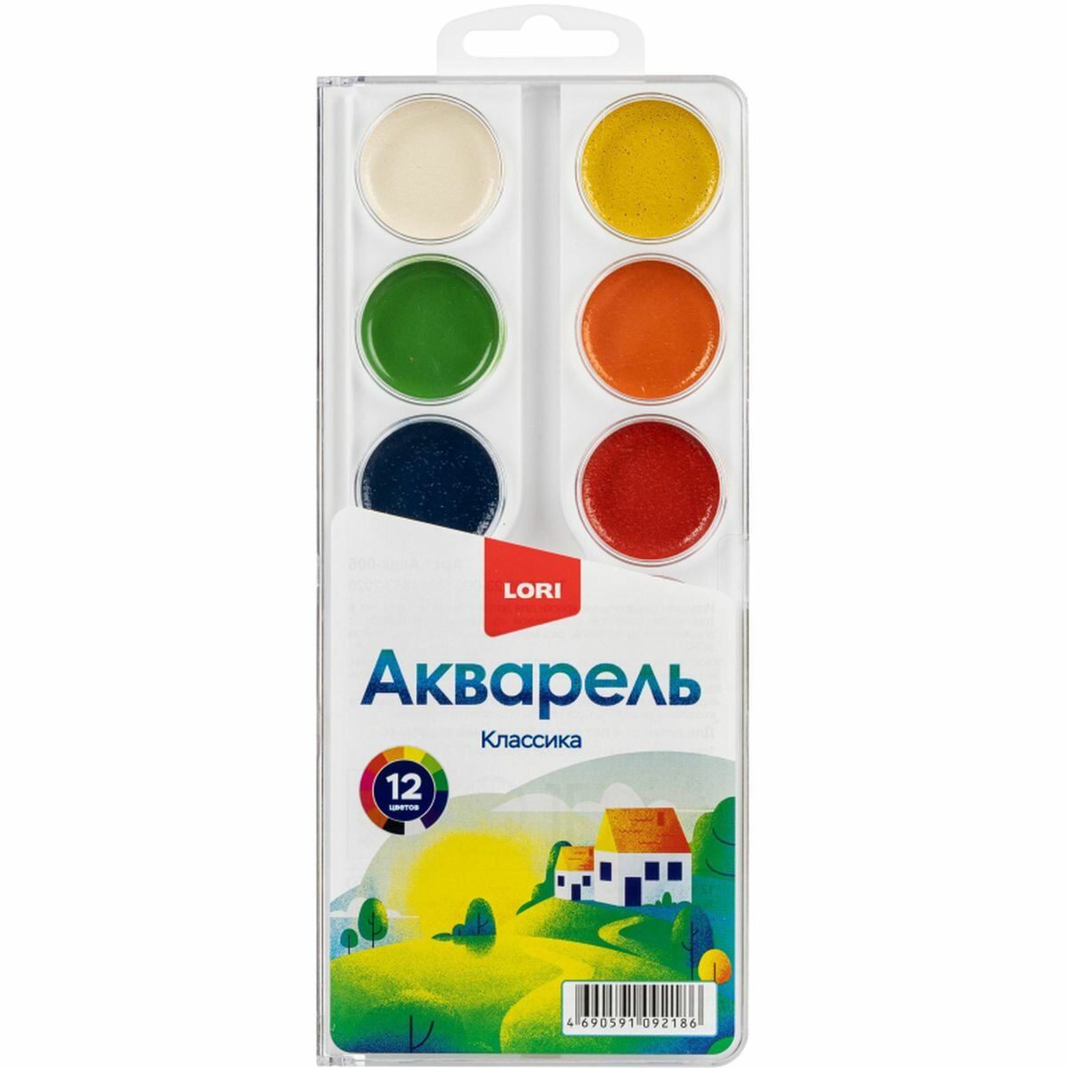 Краски акварельные 12 цветов Lori Классика, без кисти, пластиковая коробка (Аквк-006)