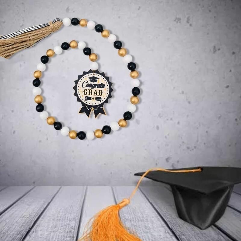 1 нитка деревянных бусин выпускного сезона, пеньковая веревка, с кисточкой
