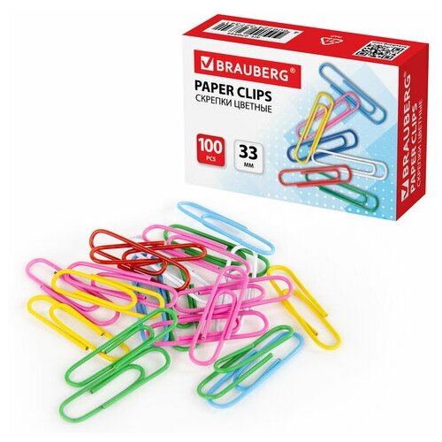 Скрепки BRAUBERG, 33 мм, цветные, 100 шт, в картонной коробке, 270444