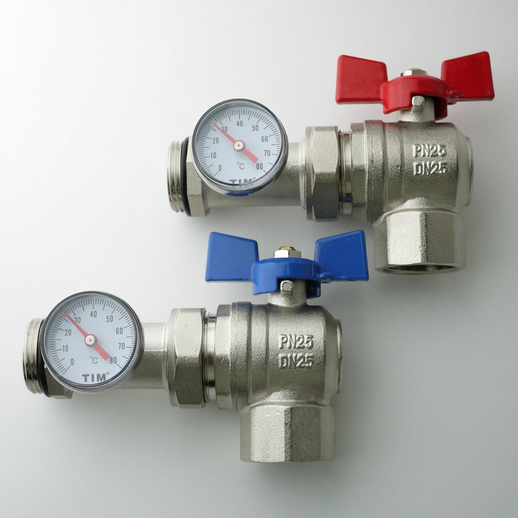 Комплект кранов "TIM" резьба - 1" с термометром, угловой, для подключения к коллекторной группе