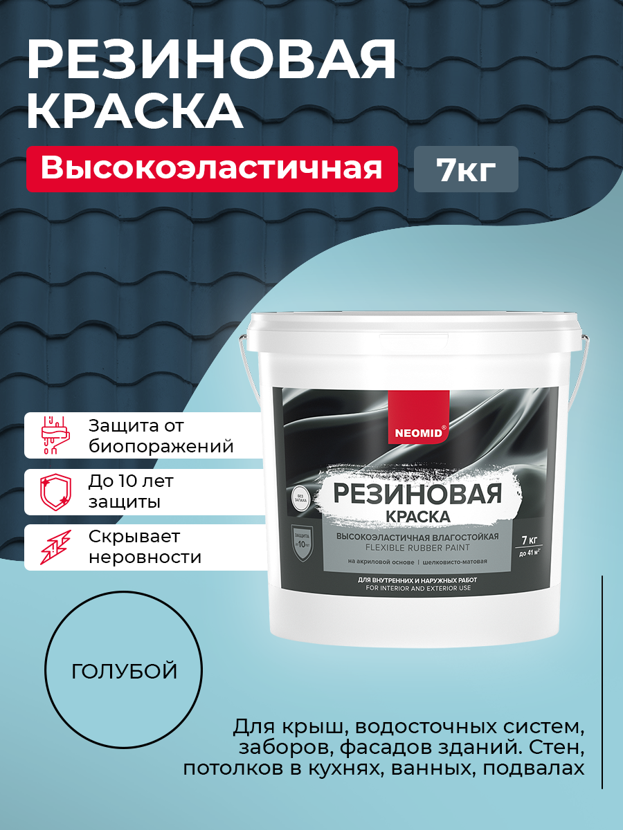 Резиновая краска Neomid Голубой - 7 кг / Для фасадов, стен т потолков в помещениях повышенной влажности