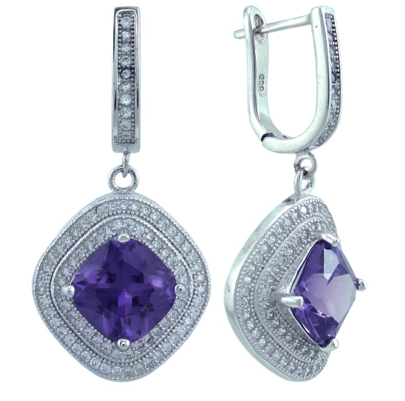 Серьги, серебро, 925 проба, александрит синтетический, фианит
