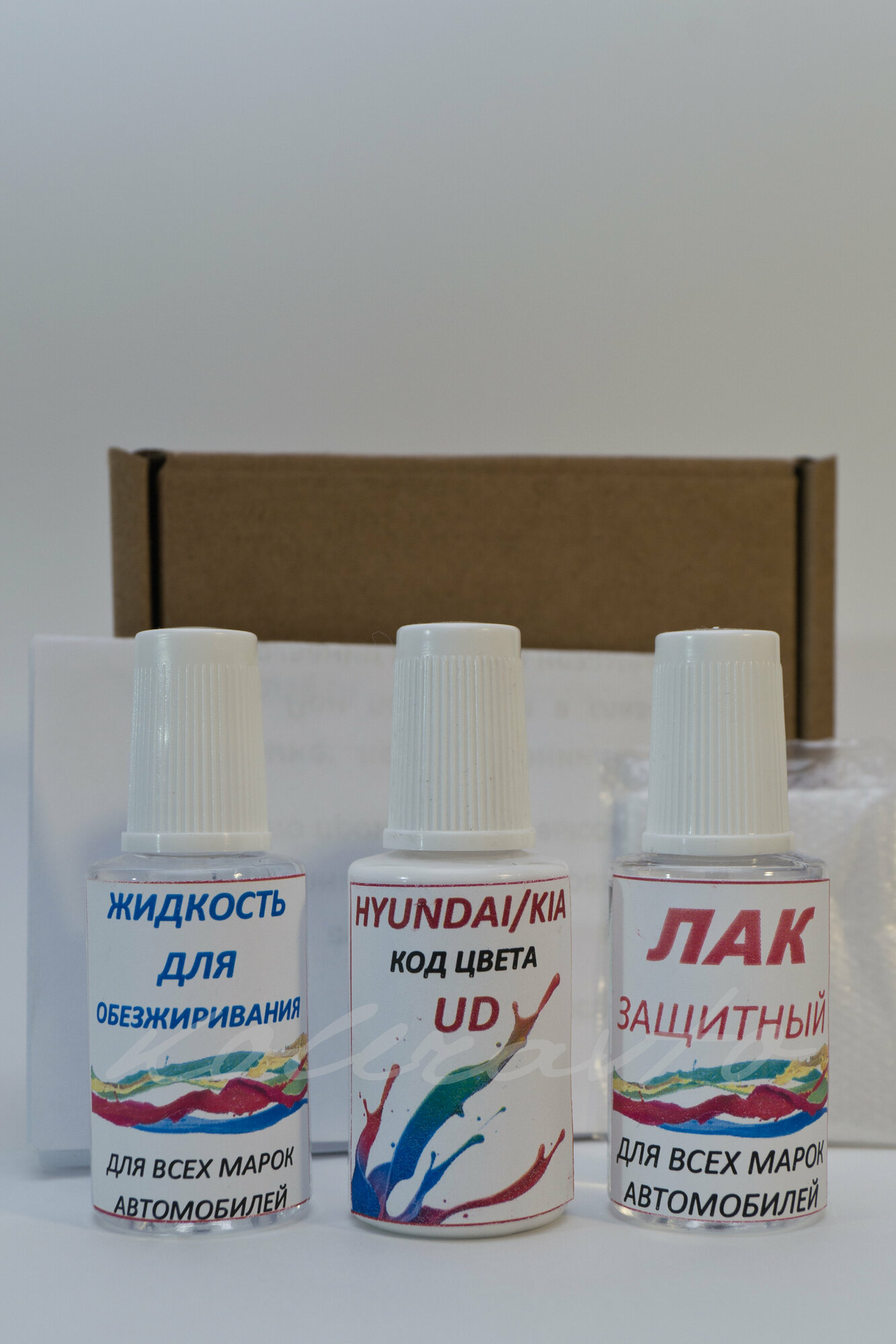 Подкраска для сколов во флаконе с кисточкой UD для KIA / Hyundai Белый, Clear White, краска+лак+обезжириватель 3 предмета