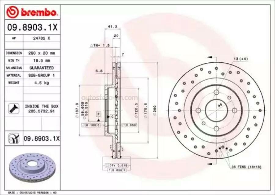 BREMBO 0989031X Диск торм. пер. вент.[260x20] 4 отв.