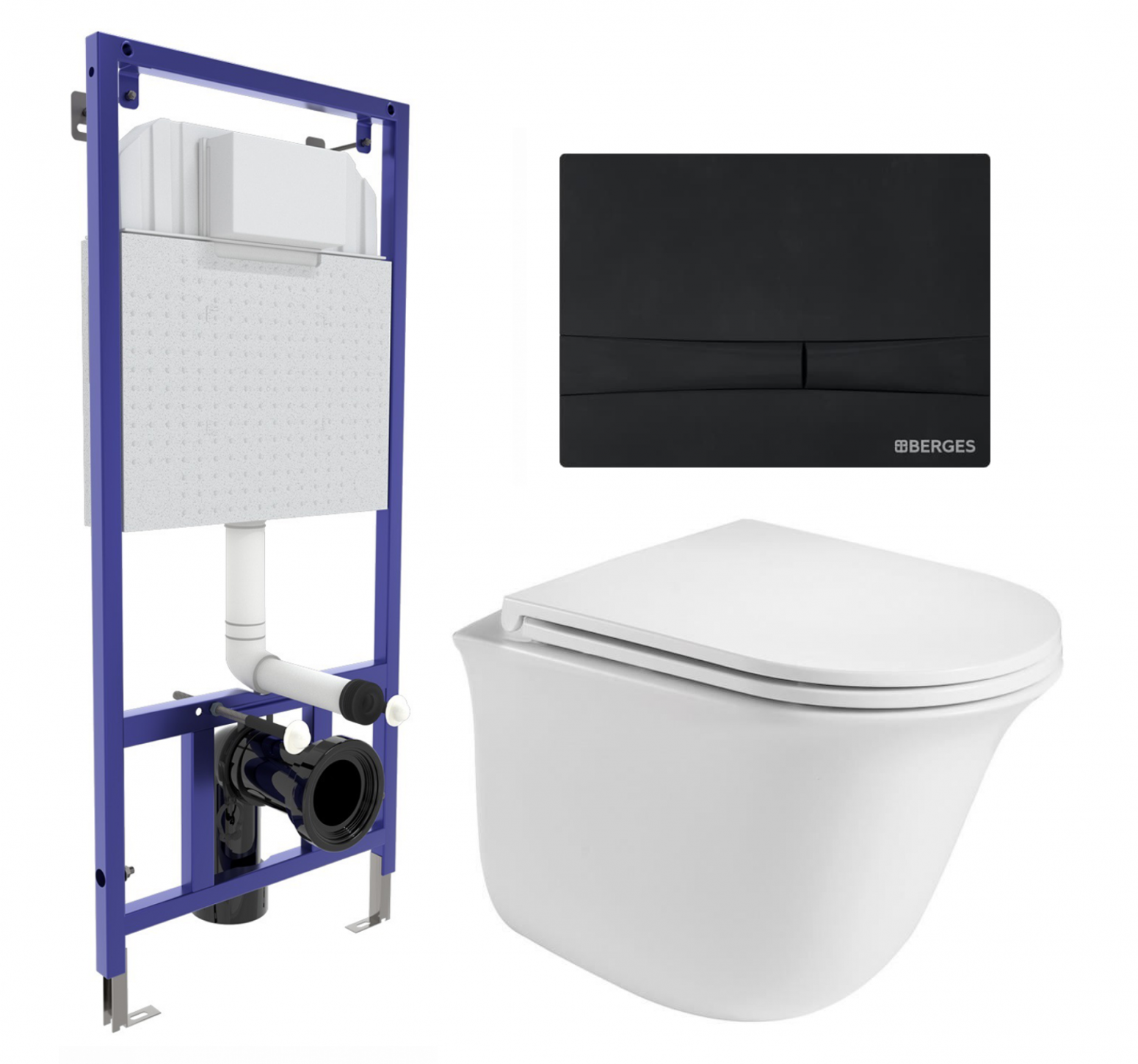 Комплект 3 в 1 инсталляция Berges Wasserhaus Novum 040255 + Подвесной унитаз WeltWasser Telbach 004 GL-WT + кнопка черная