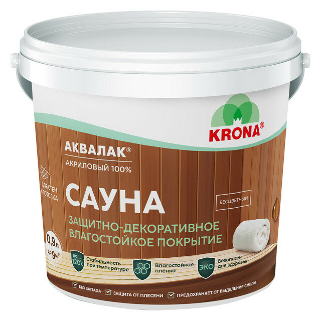 Лак акриловый аквалак для саун и бани бесцветный 0,9л , арт.66372246