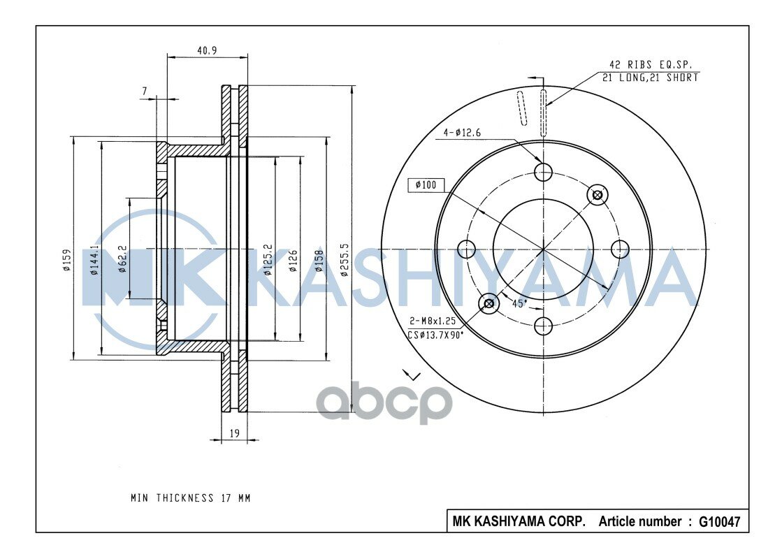 Диск тормозной передний R14 HYUNDAI GETZ 1.1-1.6 02- (с ABS) G10047 MK KASHIYAMA арт. G10047