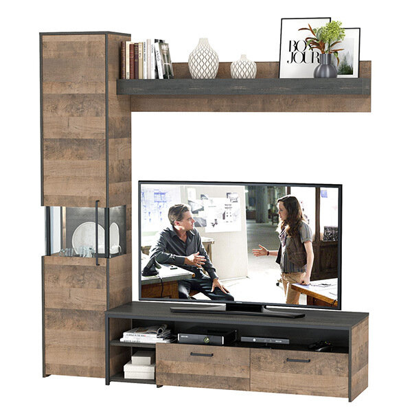 Трувор 13.70 Тумба под ТВ + 13.205 Шкаф-пенал с витриной + 15.60 Полка, цвет дуб гранж песочный/интра