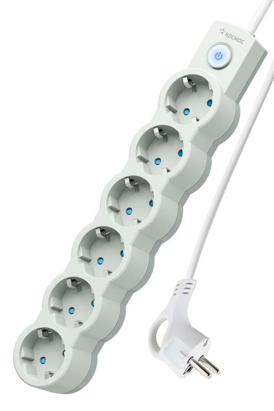 Удлинитель 6х5м ПВС 3х0.75 с защ. шторк. с заземл. IP20 с выкл. 220В 10А 2200Вт бел. Космос YKsm5m-6g-Z-V10A-W