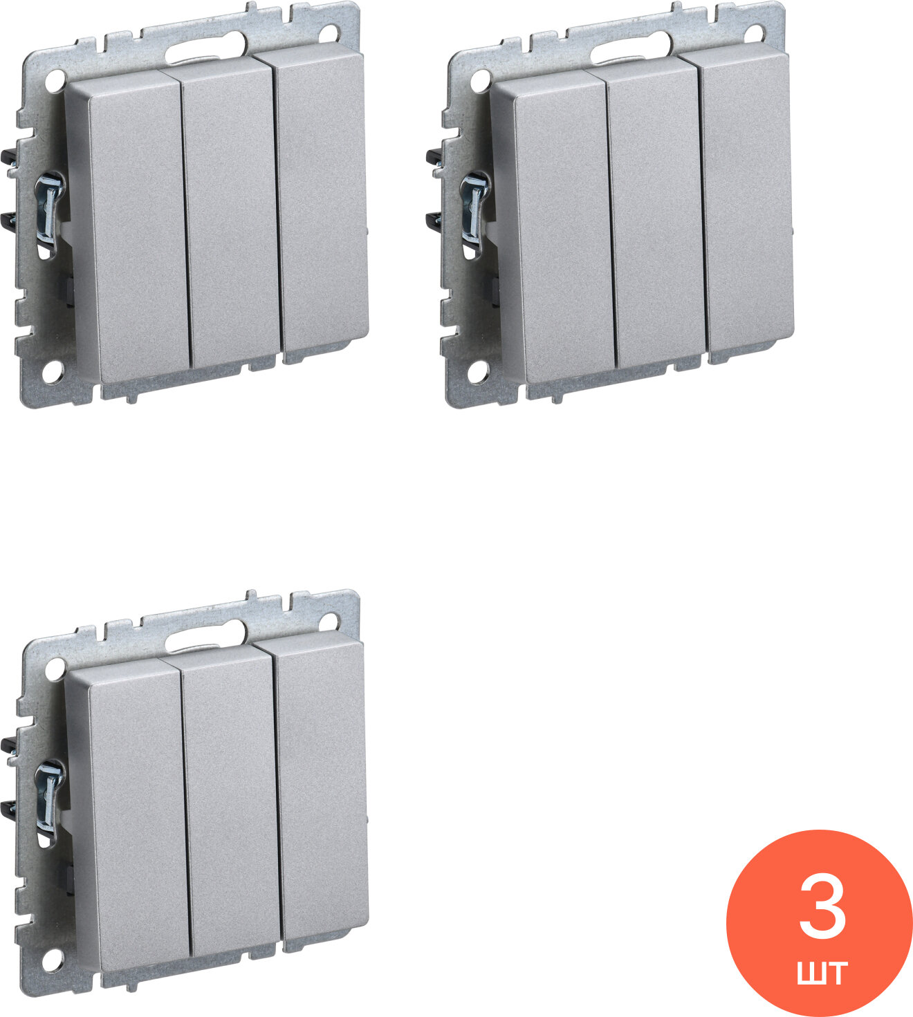 Выключатель IEK / ИЭК Brite ВС10-3-0-БрА, 10А 230В IP20 алюминий 74х74х43мм трехклавишный, BR-V30-0-10-K47 / переключатель (комплект из 3 шт)