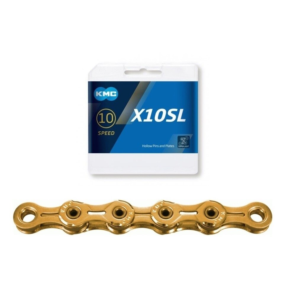 Цепь KMC X10SL GOLD золотистая 10 скоростей облегченная, полые пины Тайвань