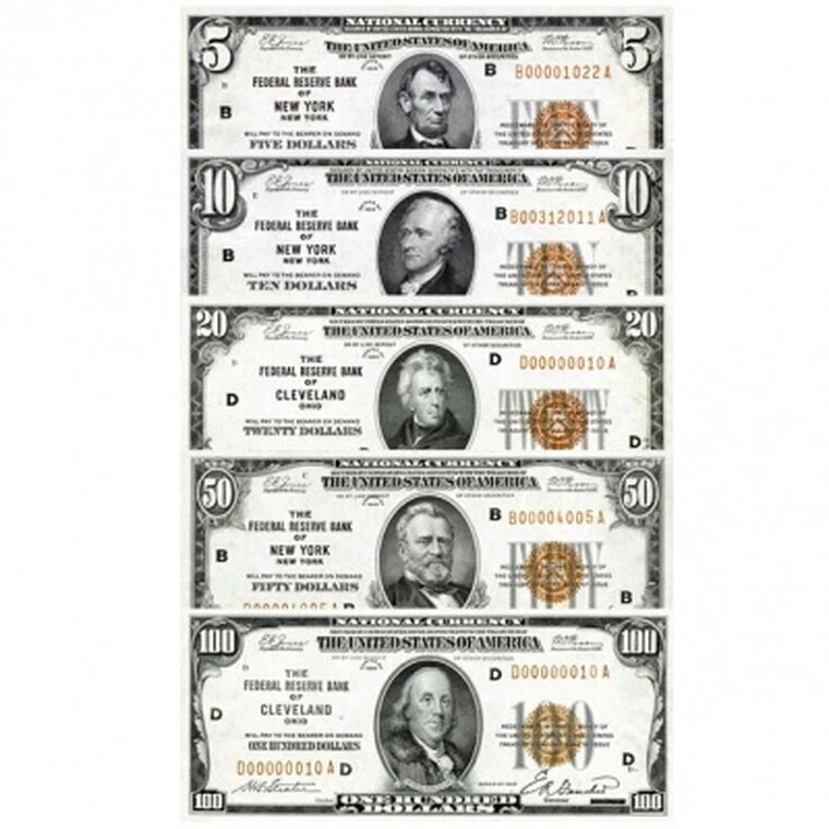 Набор банкнот США 5-100 долларов 1929, сувенирные копии, банкноты и купюры редкие коллекционные
