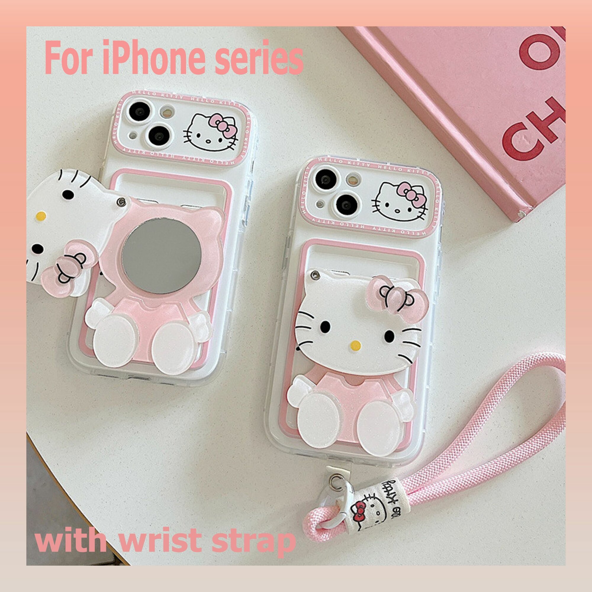 Для Apple iPhone 11 12 13 14 15 Pro Promax Hello Kitty зеркальный чехол с розовым ремешком на запястье, противоударная защита камеры.