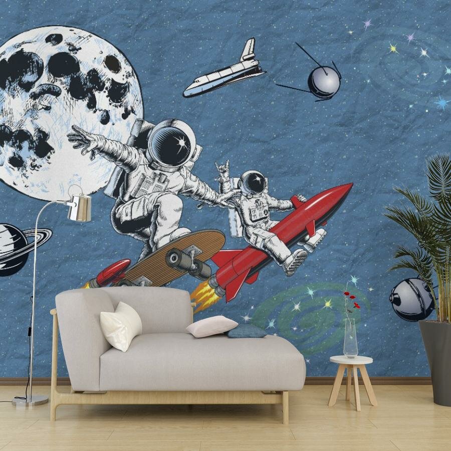 Фотообои Космонавт на скейте в детскую 14-732-S-Холст 270 x 200 см (ВхШ) Бесшовные, флизелиновые, влагостойкие обои MasterFresok