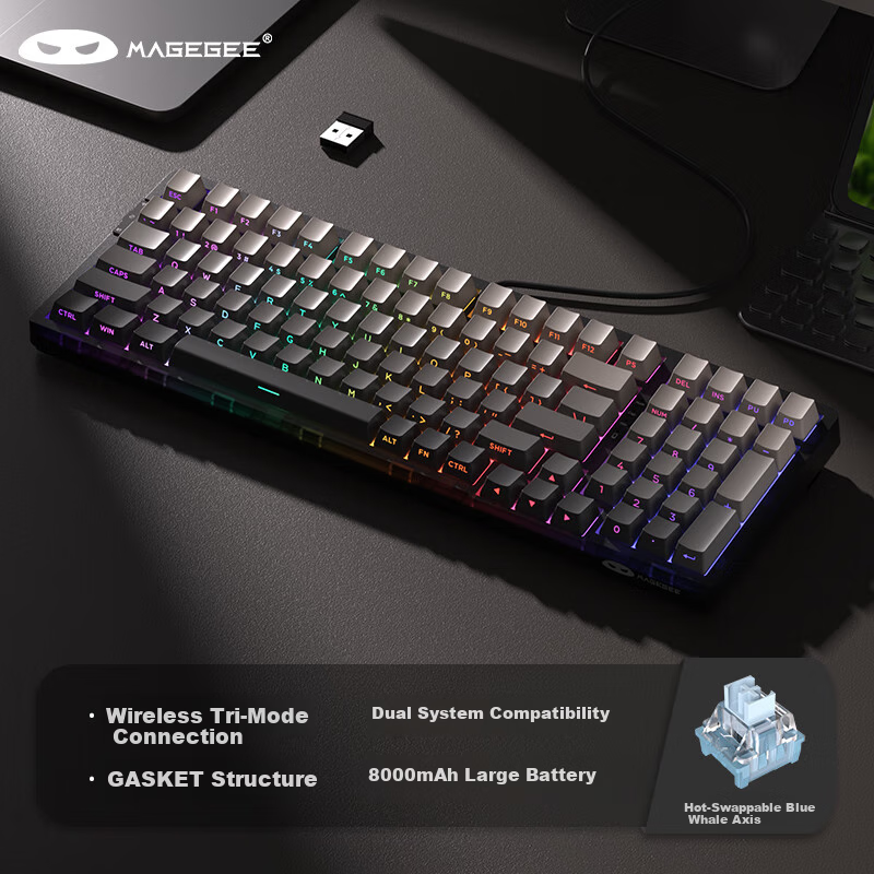 Беспроводная клавиатура MageGee Light100 Gray Blue, Bluetooth, 99 клавиш, RGB, Whale Switch