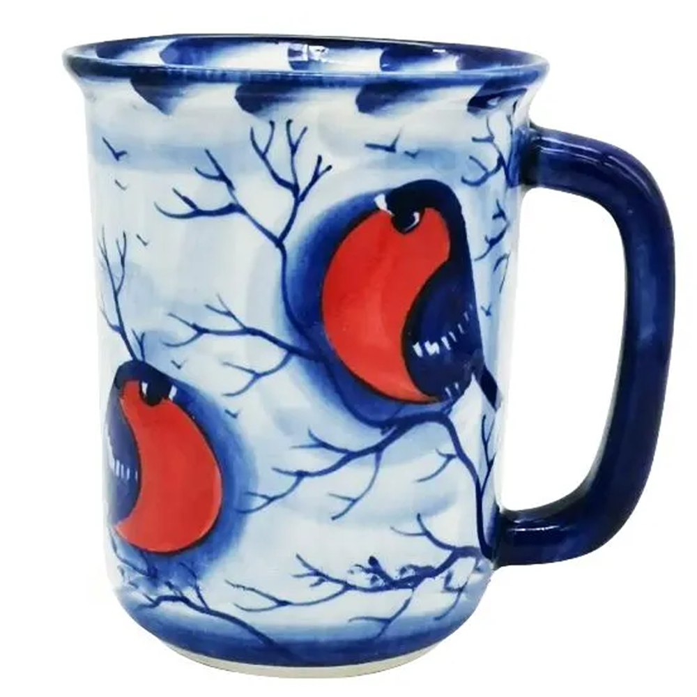 Фарфоровая кружка, "Зимнее утро", Ручная работа, (Гжель снегири)