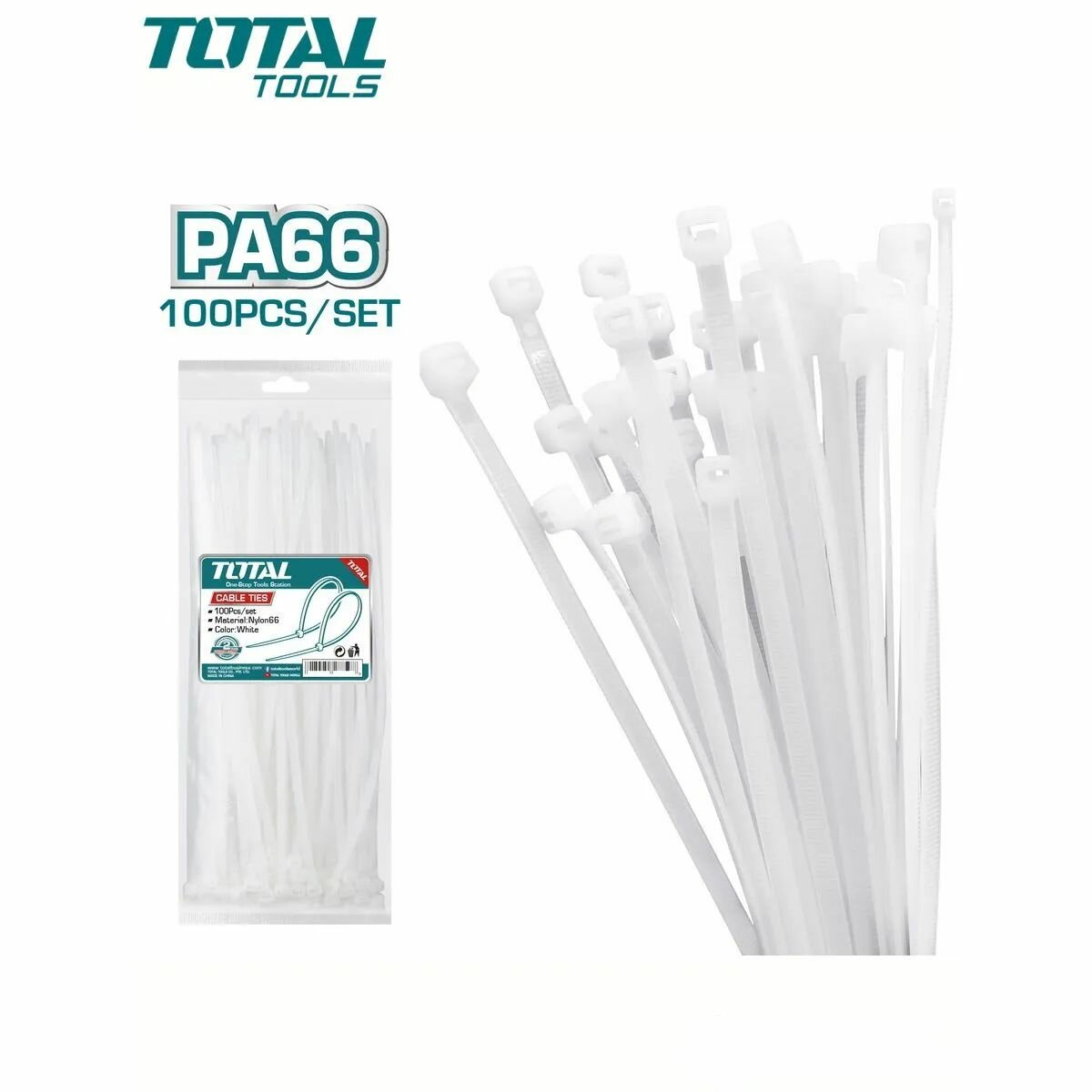 Стяжки кабельные TOTAL THTCT25048, 250мм x 4,8мм, 100шт, белые