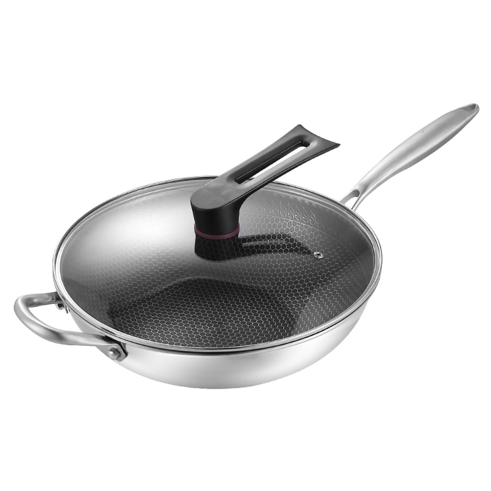 Пан Двусторонний соты из нержавеющей стали Двусторонний соты на 3 слоя предотвращает прилипание wok wok для кухни 34 см/13,4 дюйма (с крышкой и ушами)