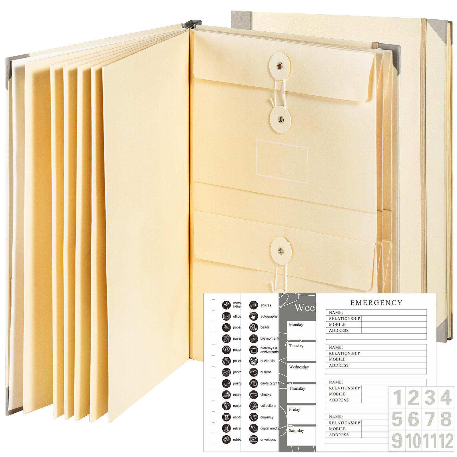 Документный органайзер с 12 карманами-конвертами в футляре, папка "В случае пропажи", органайзер для важных файлов с этикетками-стикерами для счетов, чеков, свидетельств о рождении, планирования наследства и т. д, для дома, школы, офиса, цвет: синий,