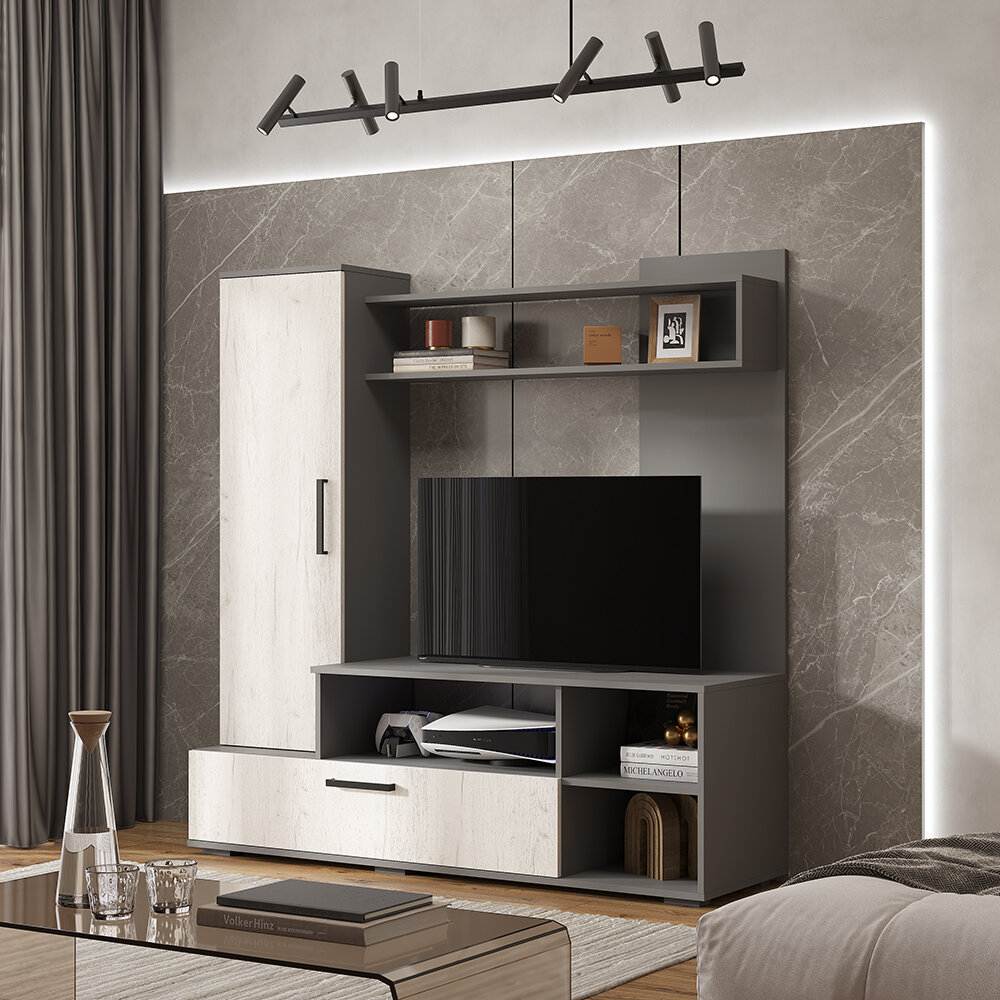 Гостиная "Евро 2", стенка в гостиную, ЛДСП Графит/Дуб крафт белый